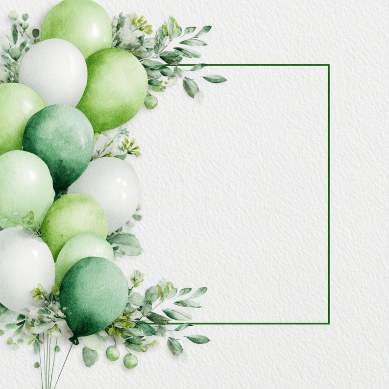 10 Printable Green White Balloons Frame, Watercolor Party Ballons ...