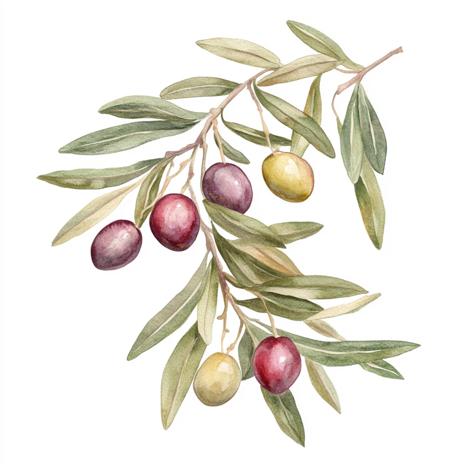 10 Printable Olives Branches, Watercolor Geen Olives, Mediterranean ...
