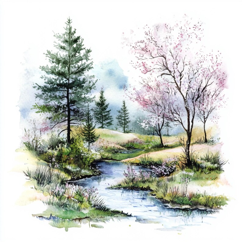 10 Printable Spring Landscape Art, Watercolor Landscape Art, River ...