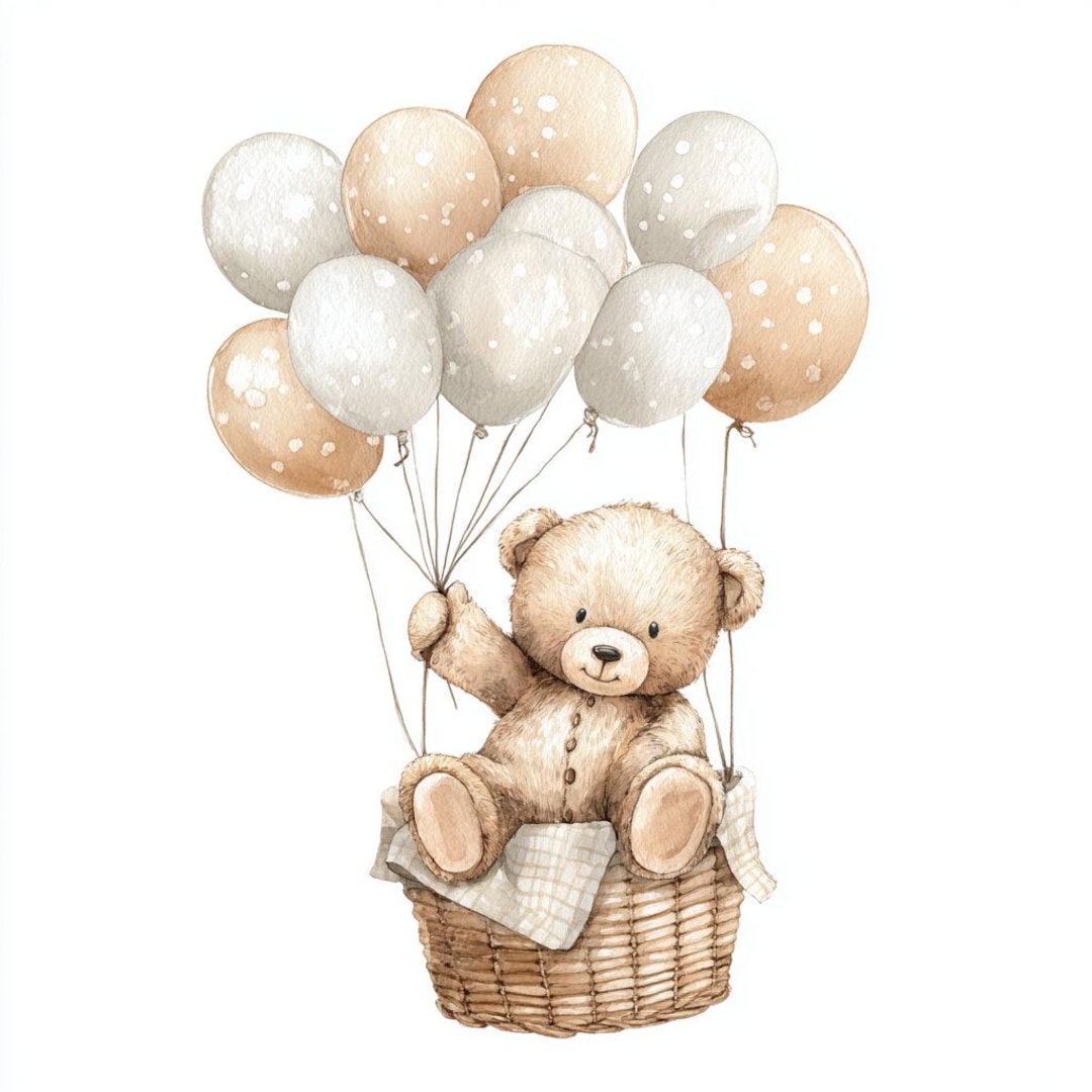 10 Printable Beige Teddy Bear Clipart, Watercolor Balloons Basket ...