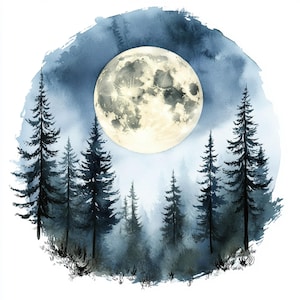 10 Printable Forest With Moon, Watercolor Art, Forest Landscape Clipart ...