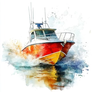 10 Printable Motor Boat, Boat Wtercolor Art, Motor Boat Print, Kids ...
