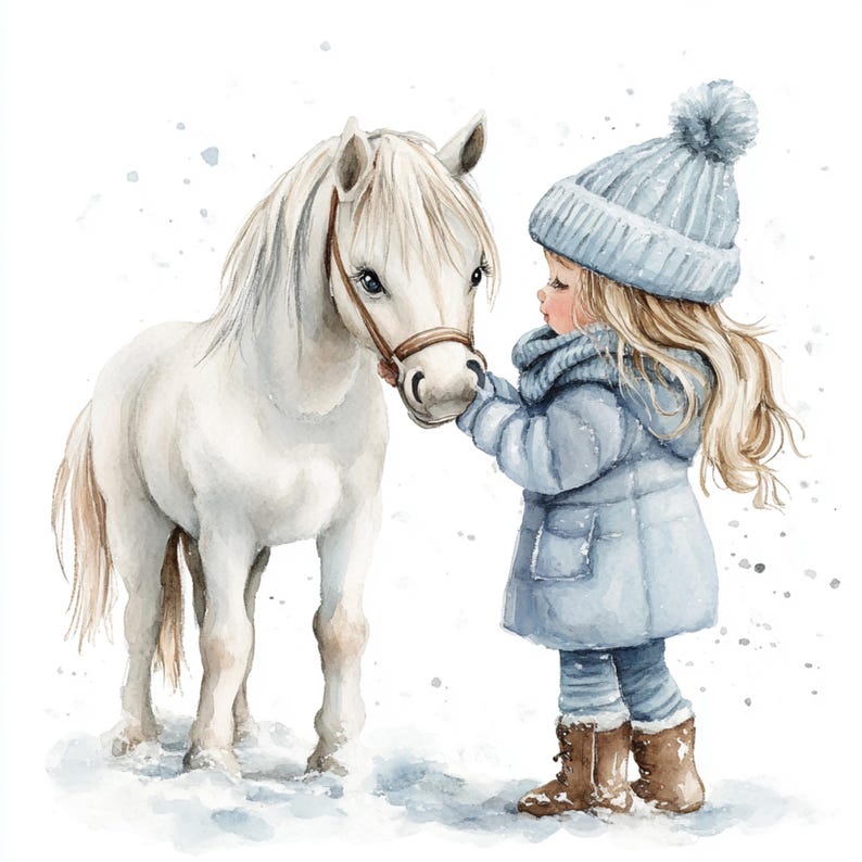 Printable Little Girl and Horse, Watercolor Girl and Ponny Art ...