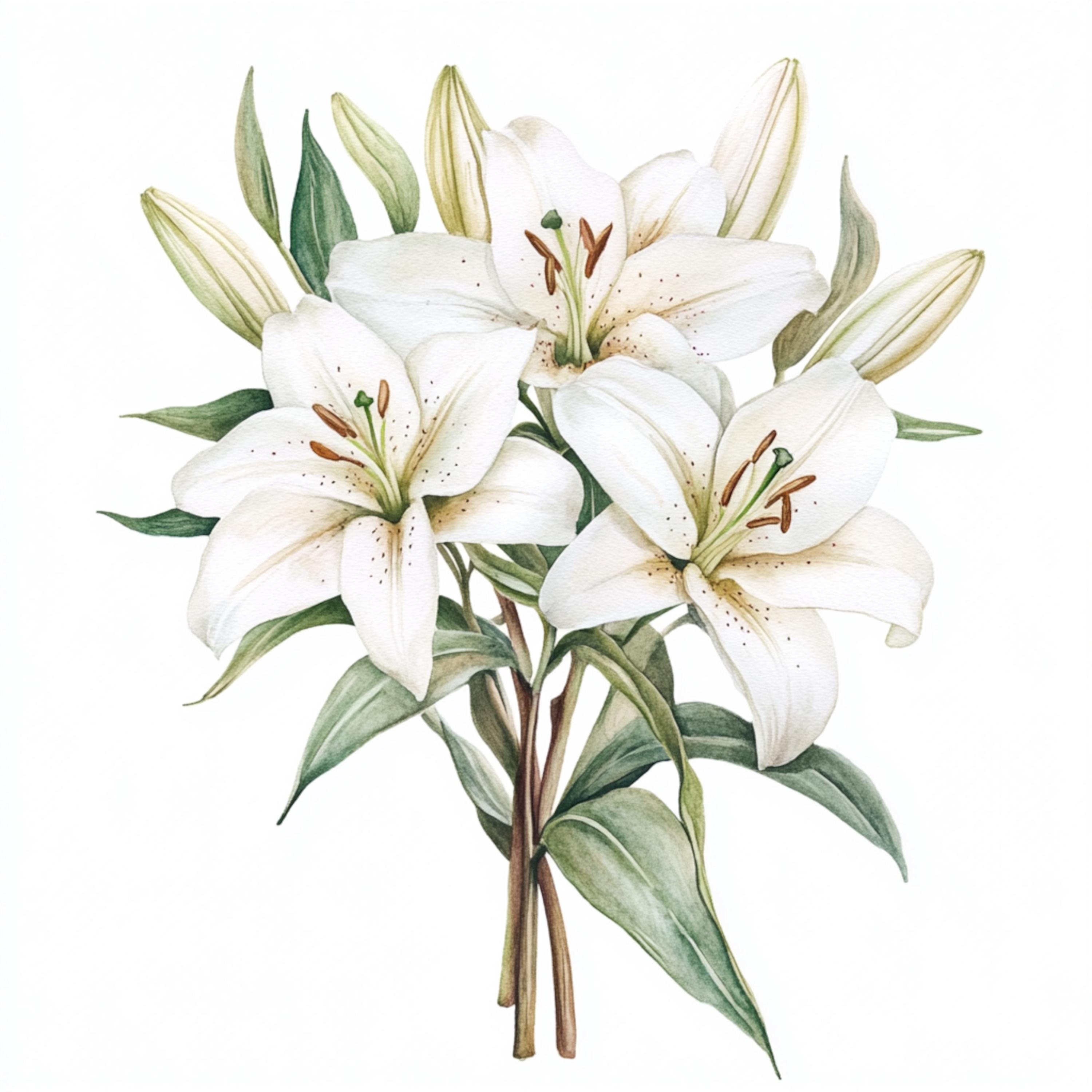 10 Printable White Lily Flowers, Watercolor Lily, Botanical Lily Art ...