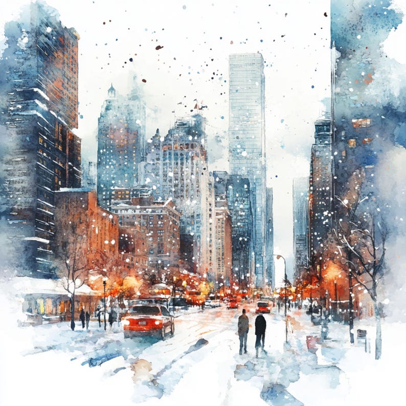 10 Winter Big City Landscape, Watercolor Art, Christmas Decor ...