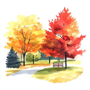 10 Printable Fall Park, Watercolor Autumn, City Park Art, Park Bench ...