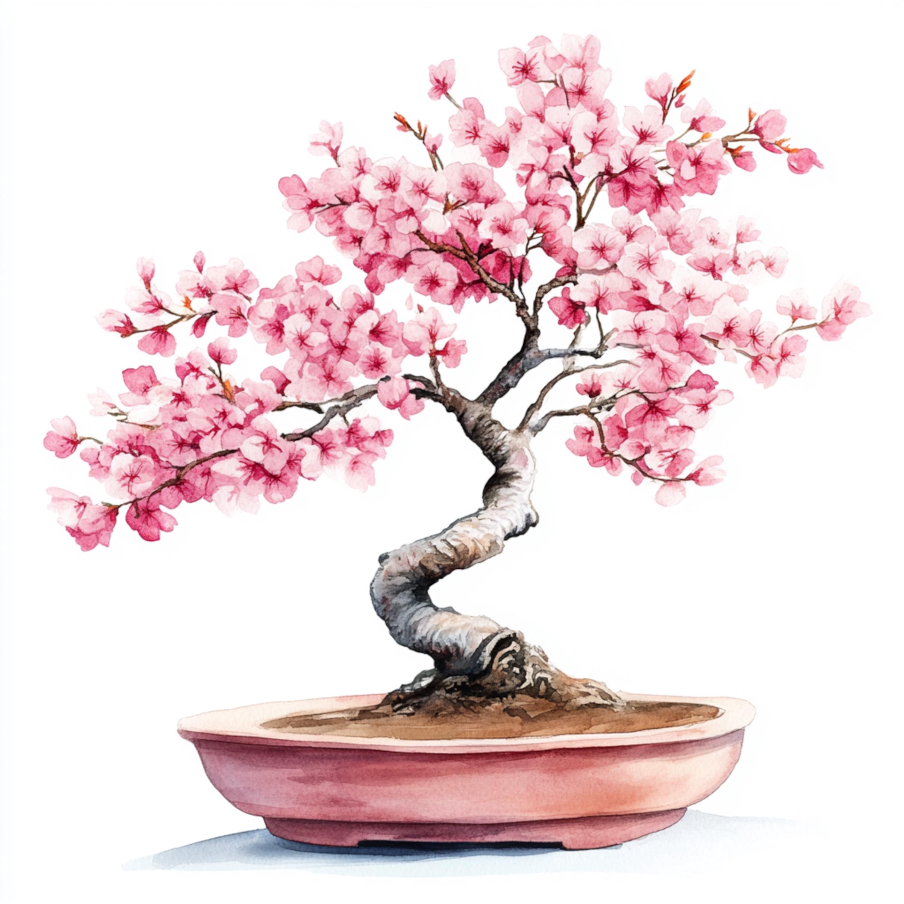 10 Printable Sakura Bonsai Tree, Watercolor Blossom Bonsai in Pot ...