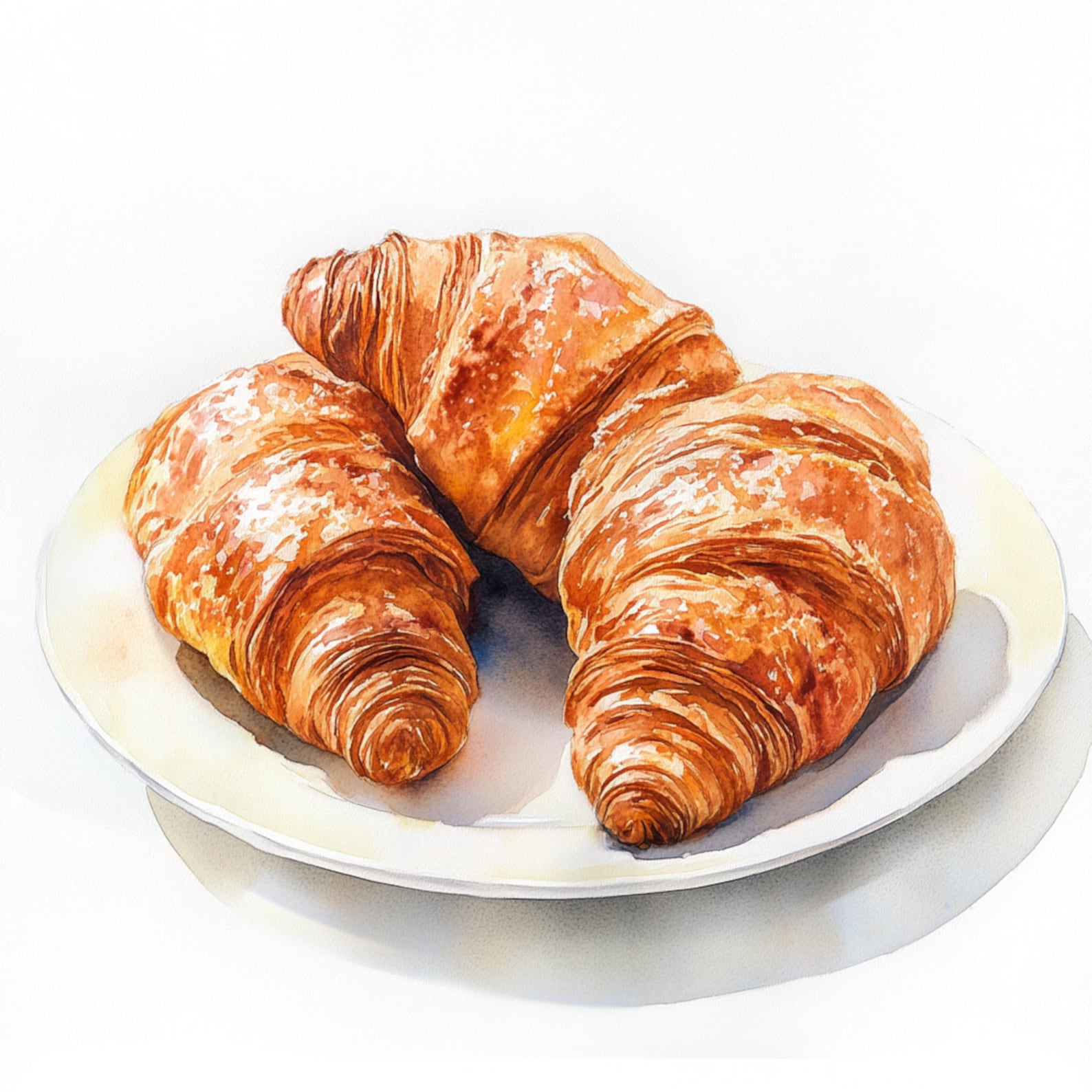 Printable Croissant Art, Watercolor Images, Croissants on Plate ...