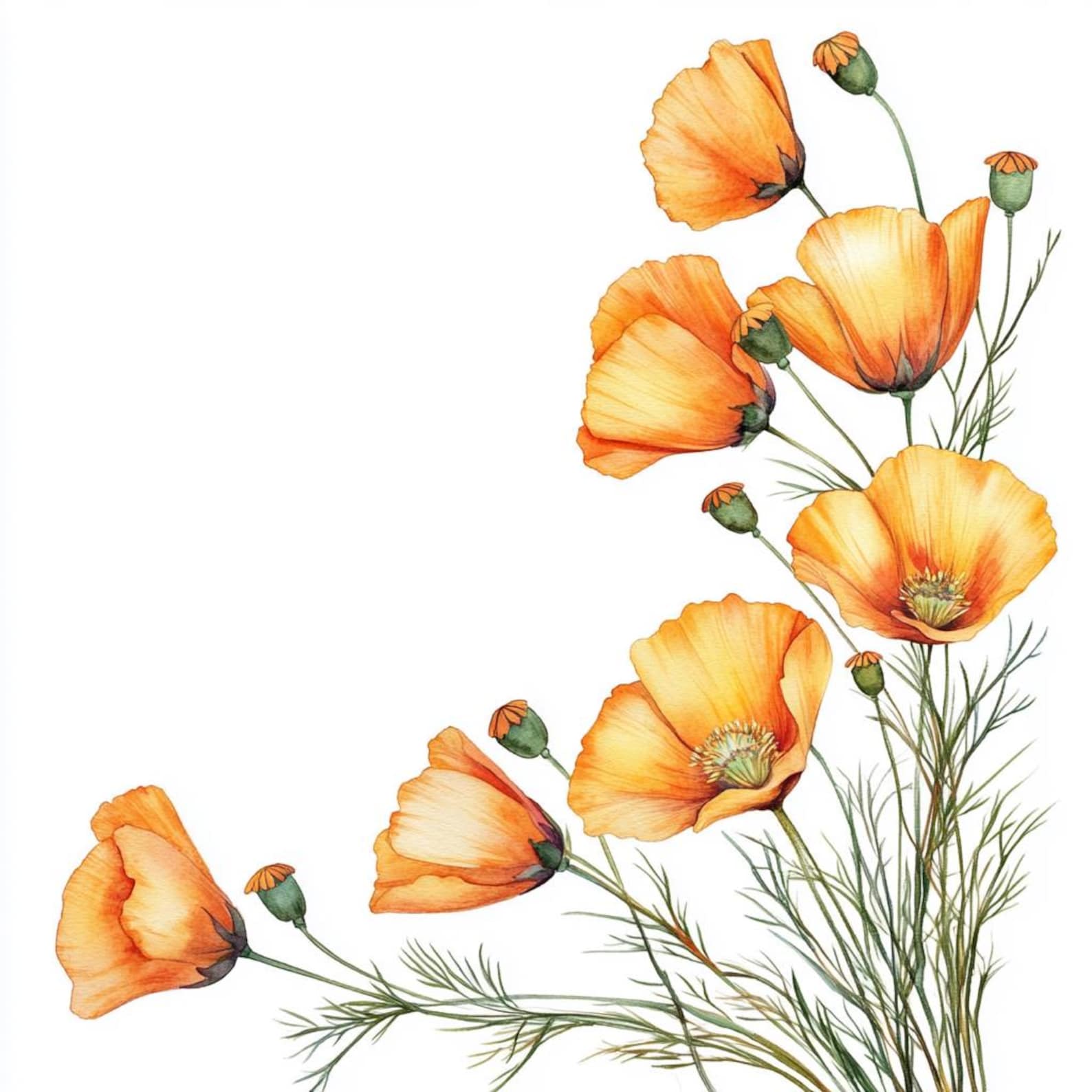 10 Printable California Poppies Corner, Watercolor Images, Orange ...