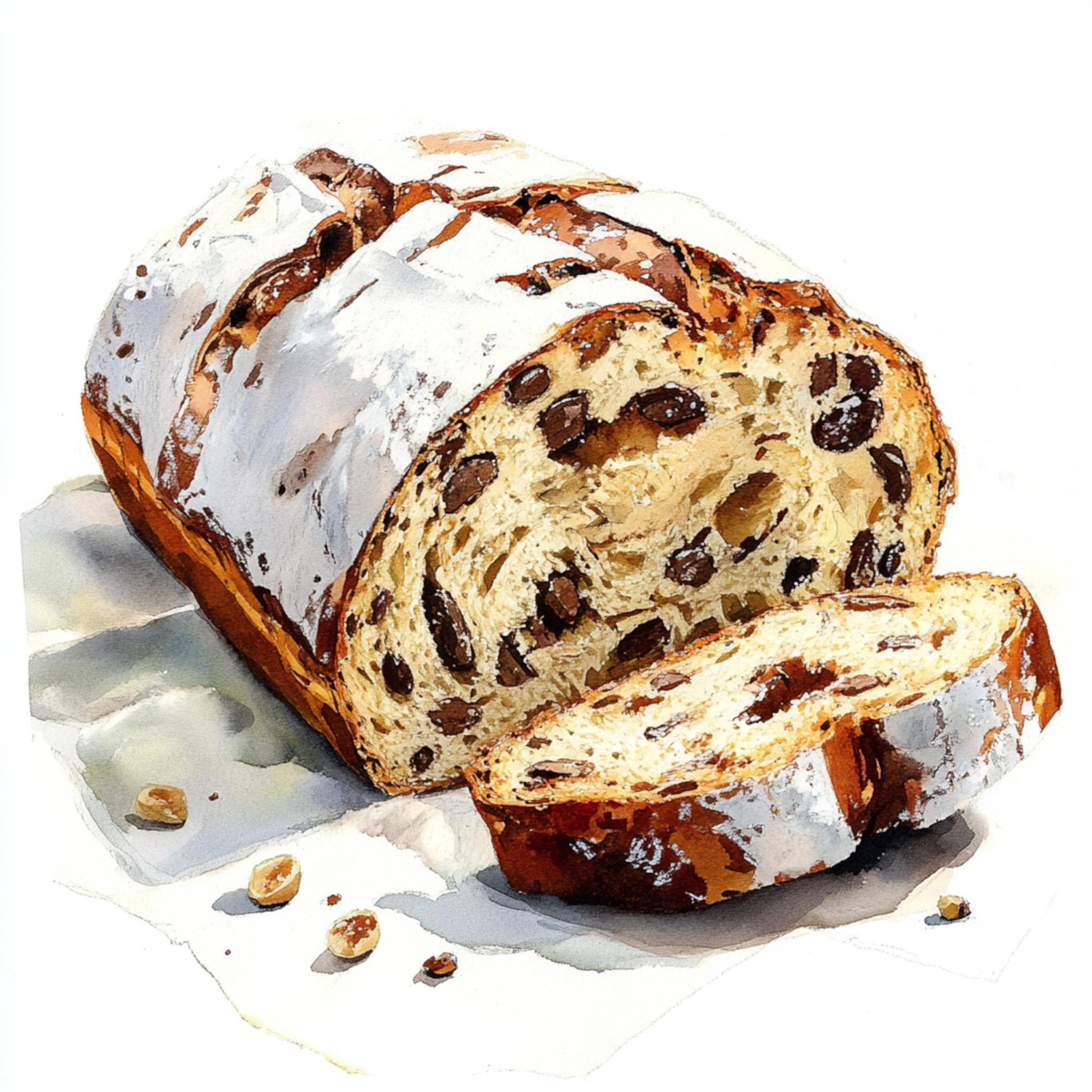 Printable Christmas Stollen Art, Watercolor Stollen Bread, Sliced Bread ...