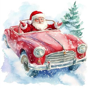 Santa in Red Car, Watercolor Santa Driver Clipart, Christmas Clipart ...