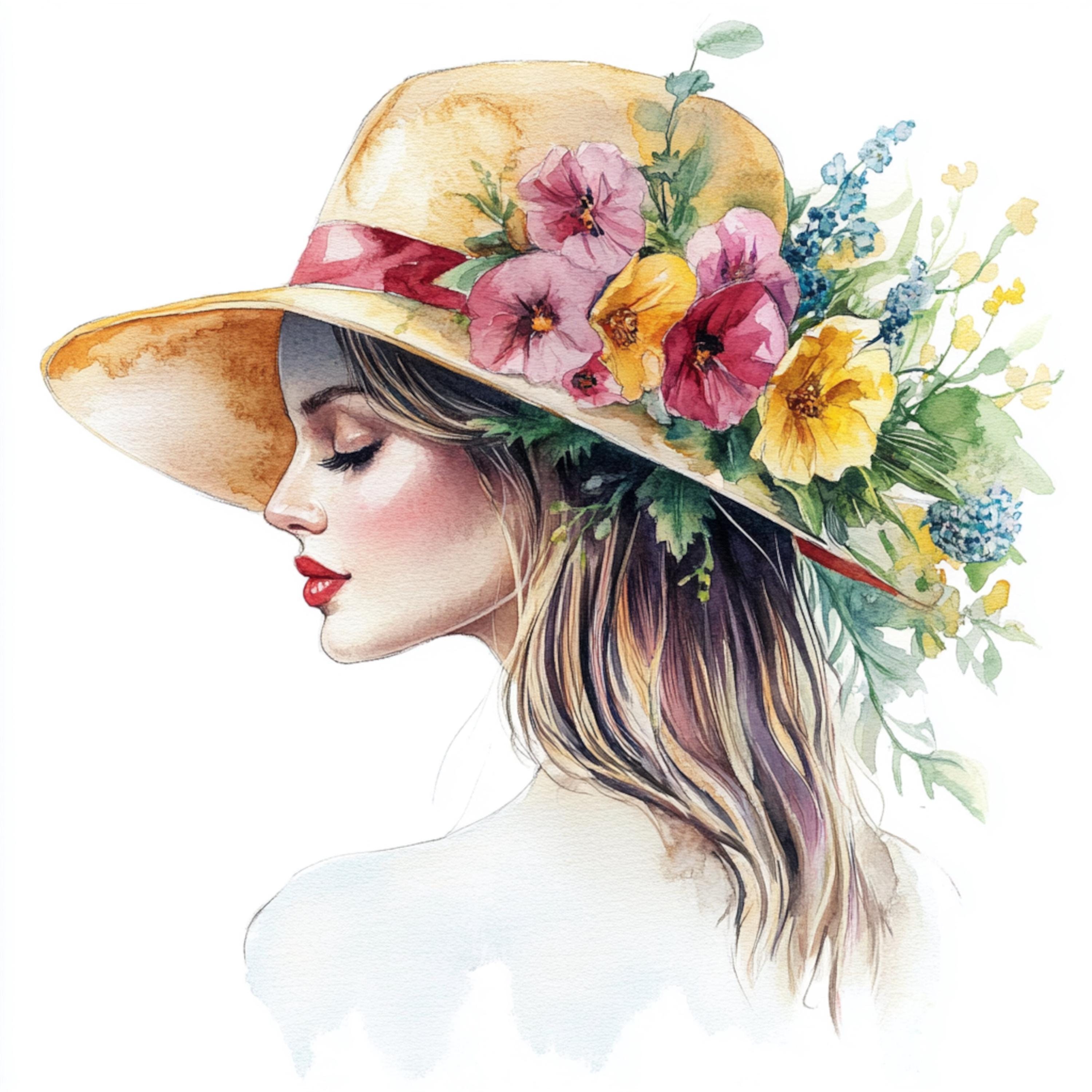 9 Printable Woman in Floral Hat, Watercolor Clipart, High Quality Jpgs ...