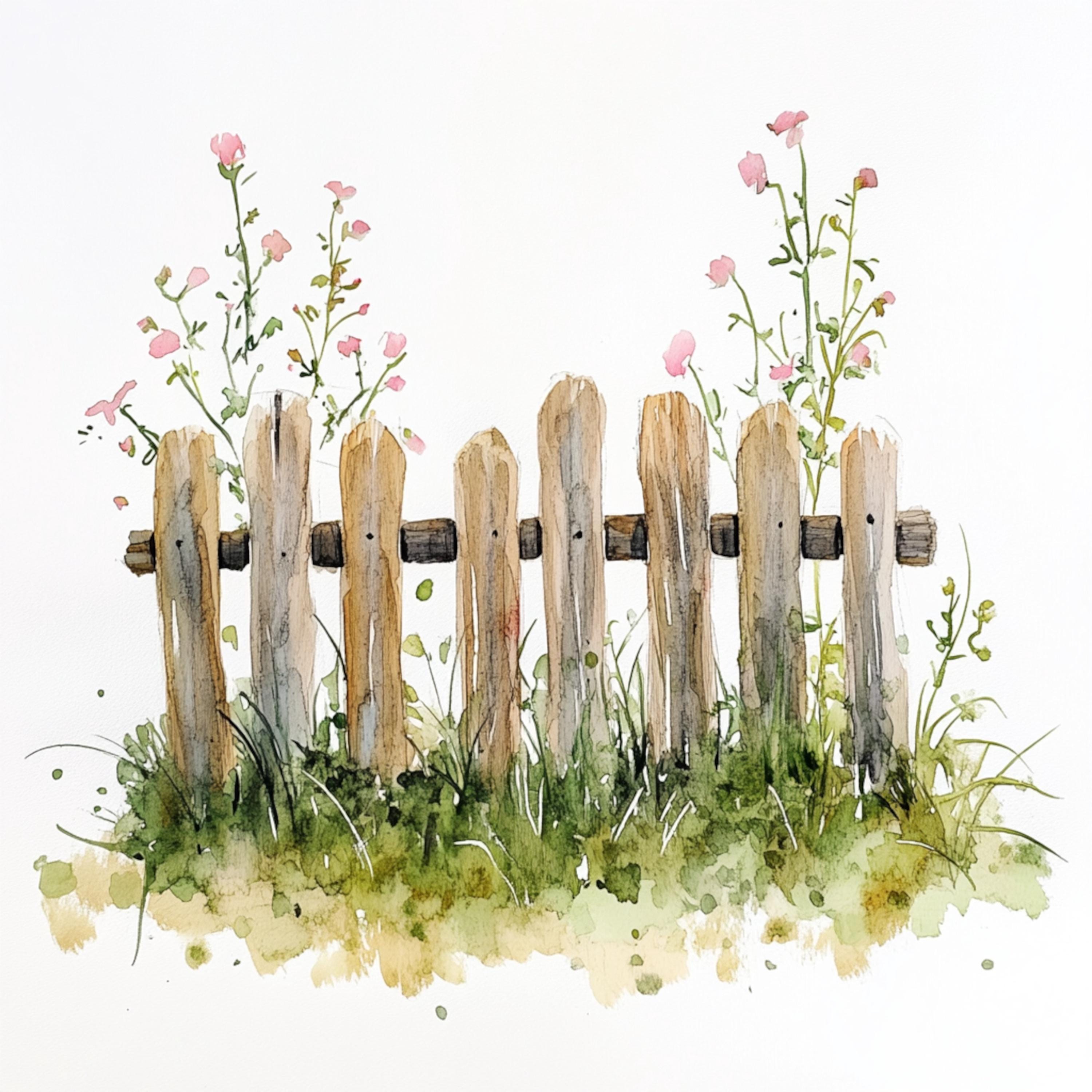 10 Printable Floral Wooden Fence, Watercolor Images, Wooden Fence Art ...