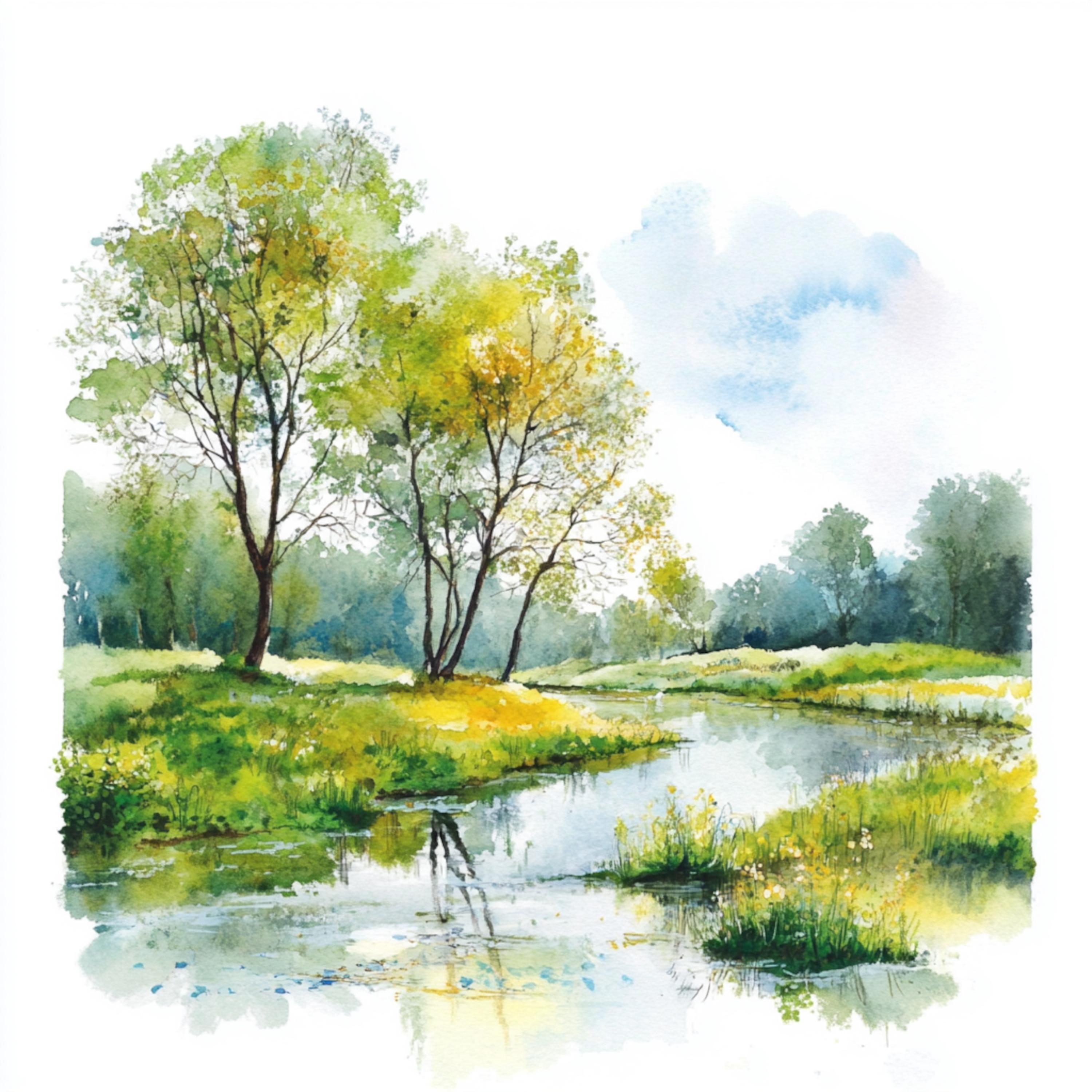10 Printable Spring Landscape Art, Watercolor Landscape Art, River ...
