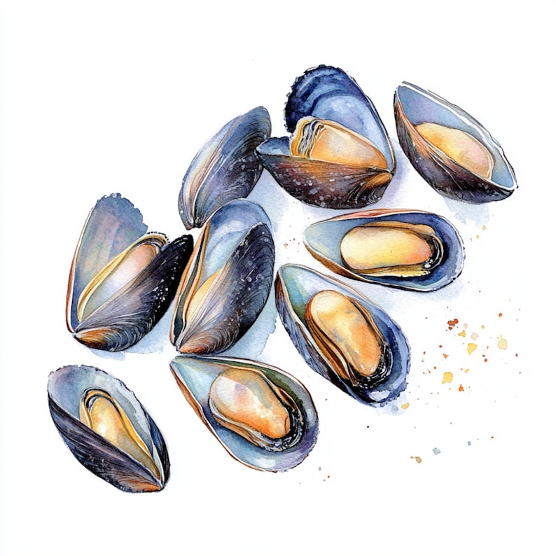 10 Printable Mussels Clipart, Seashell Watercolor, Nautical Clipart ...