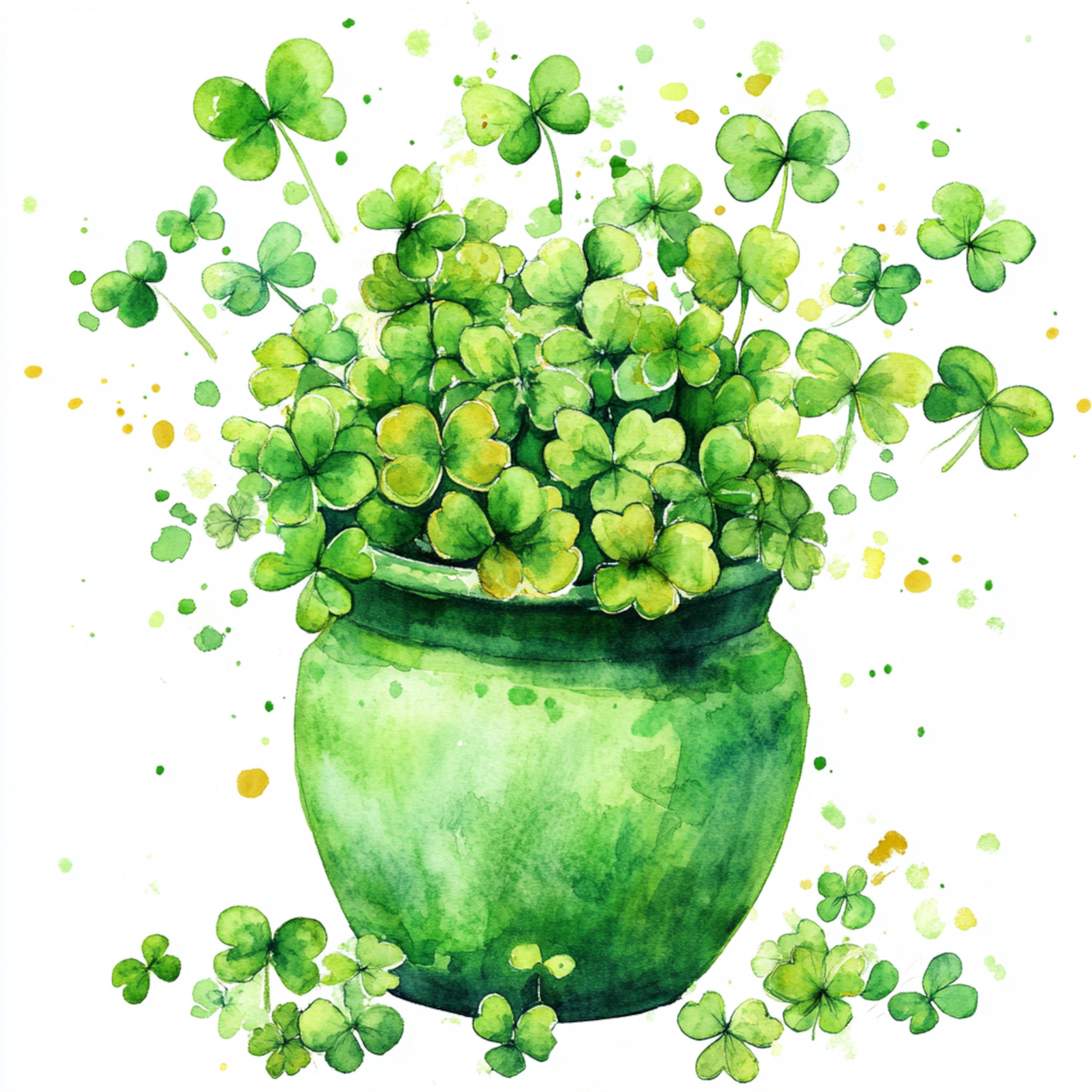 10 Printable Clover Leaf Pot, Watercolor Lucky Clover, Clower Pot Art ...