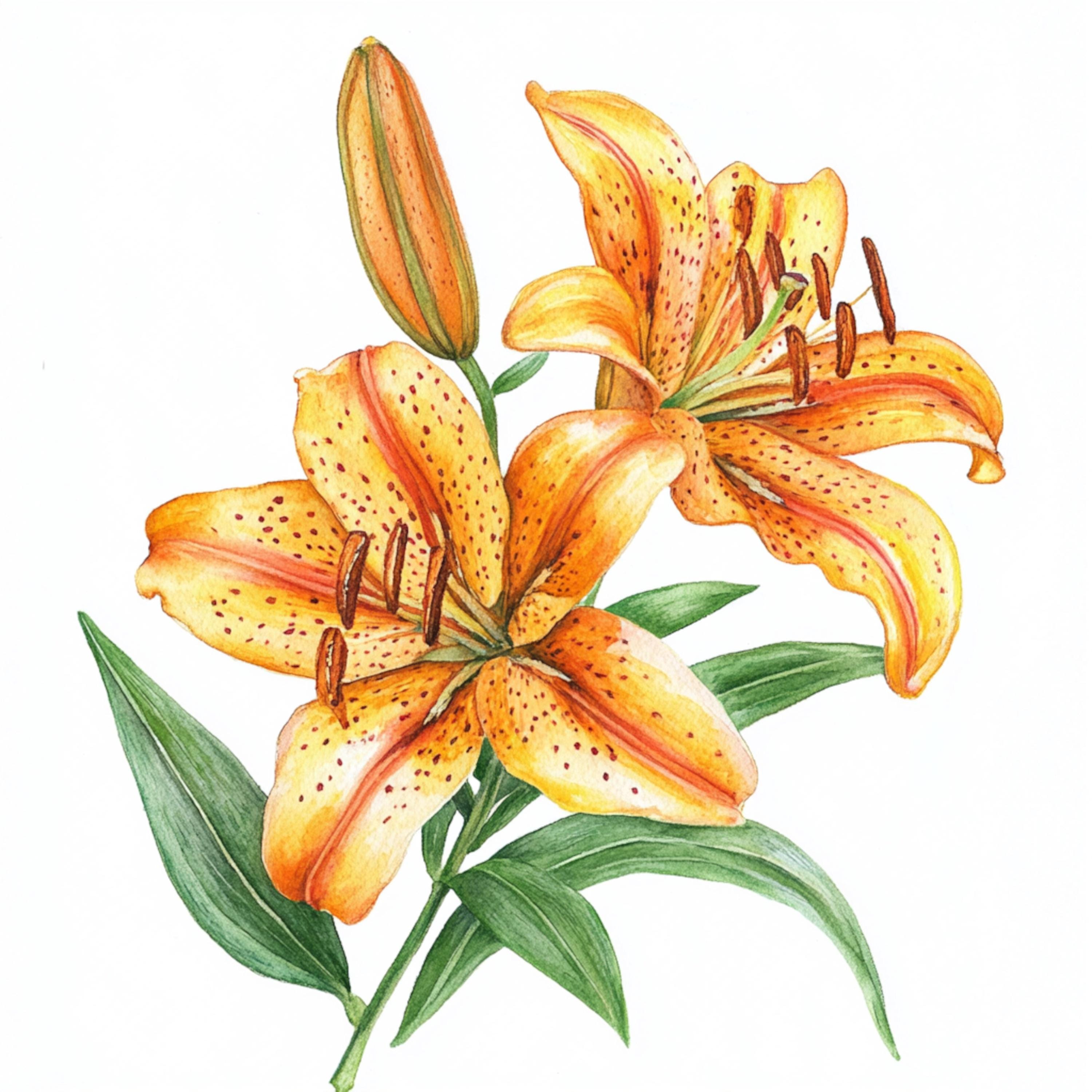 10 Printable Tiger Lily Flowers, Watercolor Lily, Botanical Lily Art ...