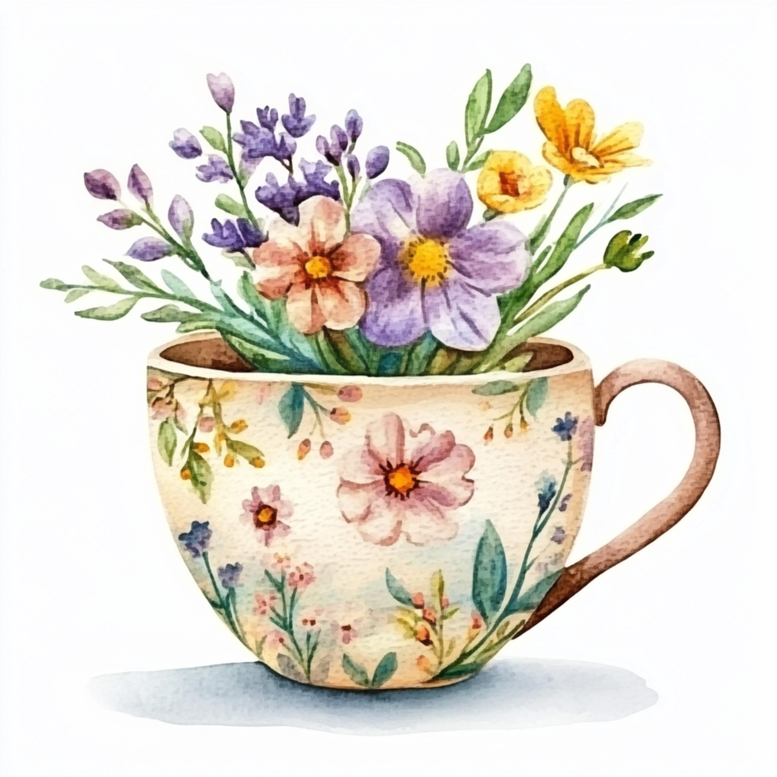 10 Printable Cup With Spring Flower, Watercolor Spring Bouquet, Spring ...