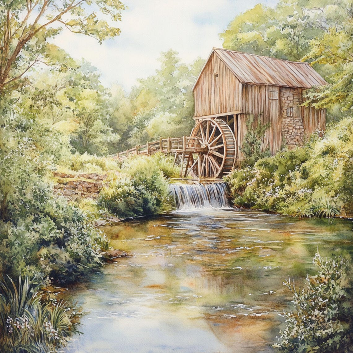 10 Printable Old Wooden Watermill, Watercolor Clipart, Watermill on ...