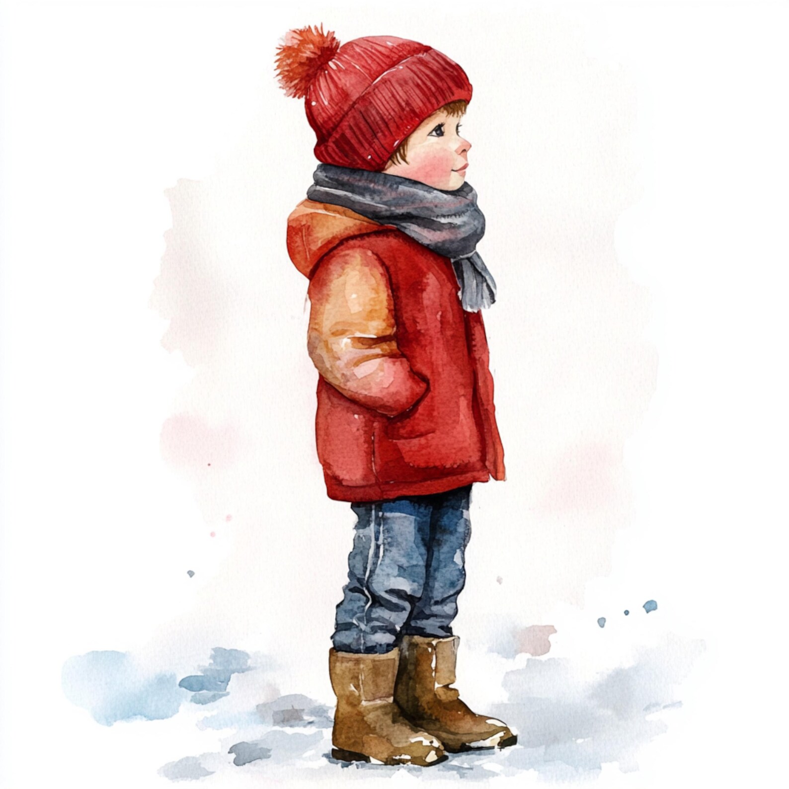 Printable Little Boy in Winter, Watercolor Boy Art, Watercolor Clip Art ...