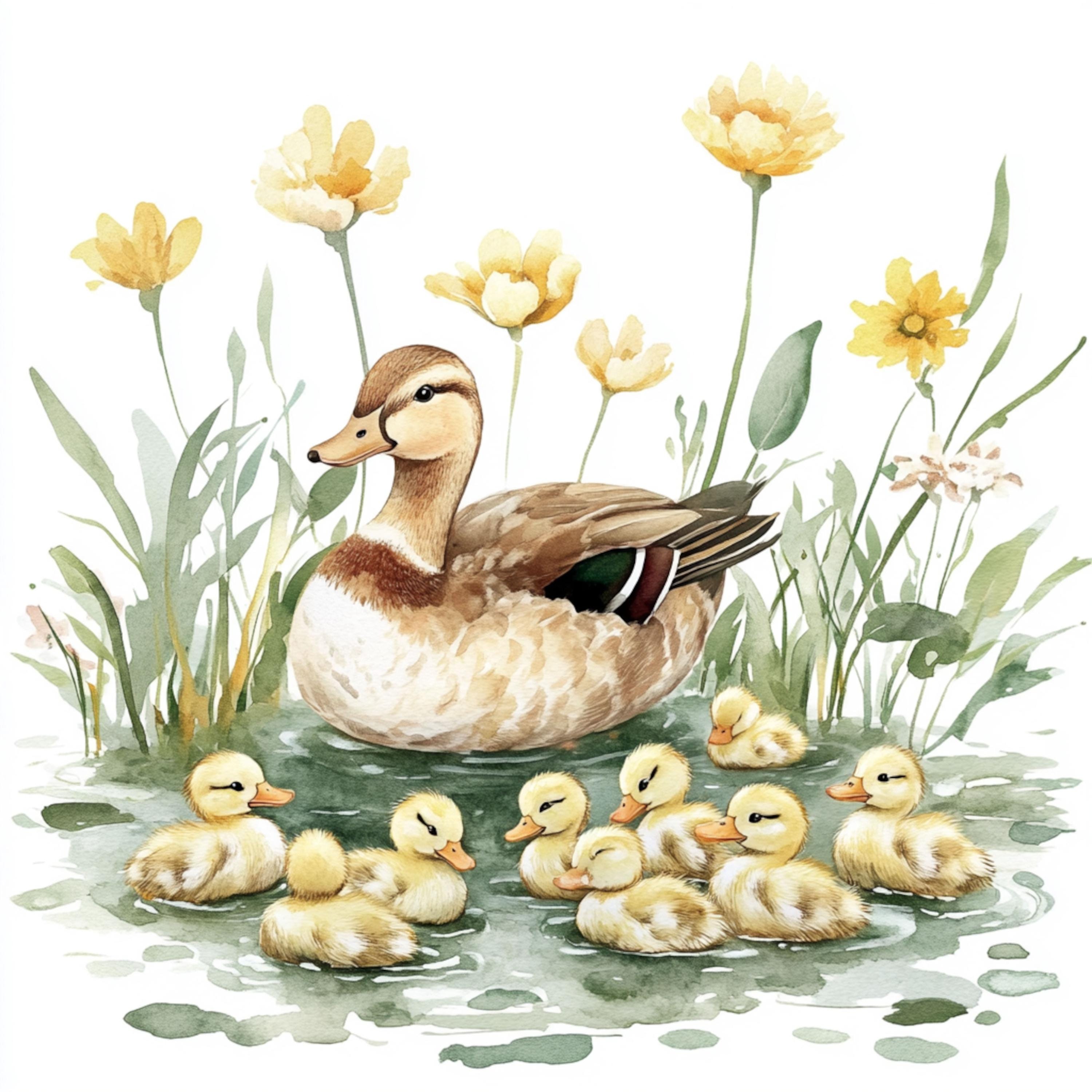 10 Printable Mom Duck With Babies, Watercolor Mother Duck and Baby ...