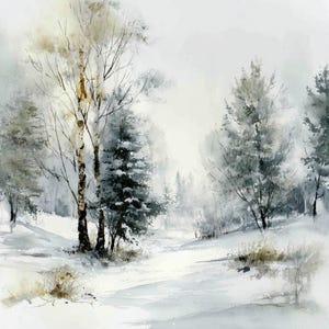 12 Printable Delicate Winter Landscape, Watercolor Art, Textured Winter ...