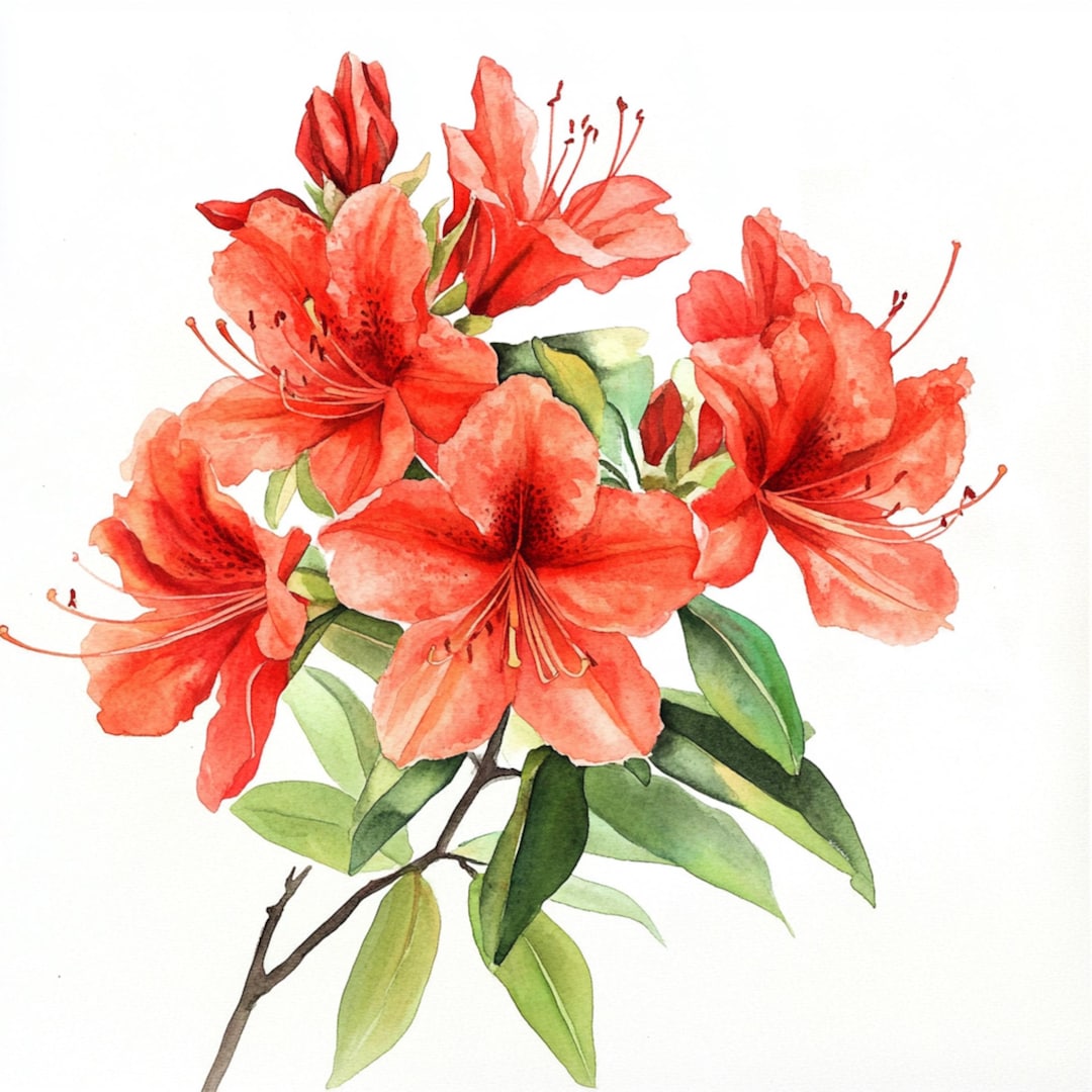 10 Printable Azaleas Watercolor, Red Rhododendron, Watercolor Red ...