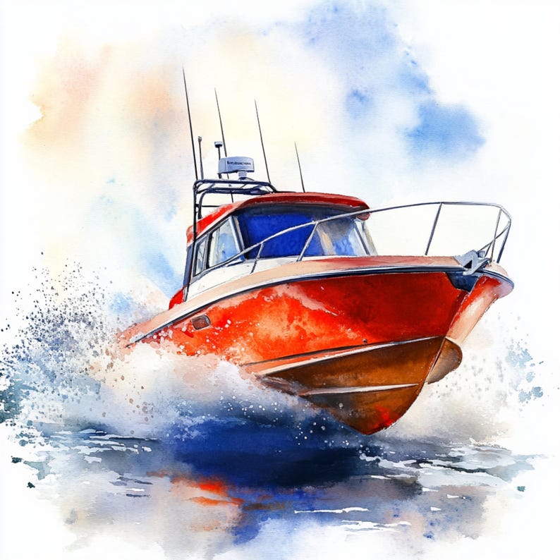 10 Printable Motor Boat, Boat Wtercolor Art, Motor Boat Print, Kids ...