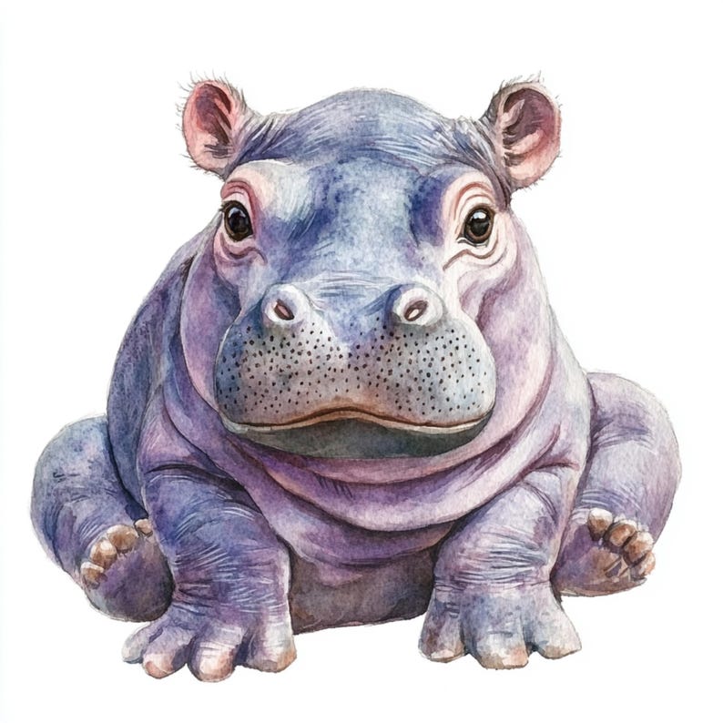 Printable Little Hippo, Watercolor Baby Hippo, 10 Cute Clipart ...