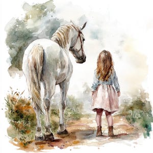 Printable Little Girl and Horse, Watercolor Girl and Ponny Art ...