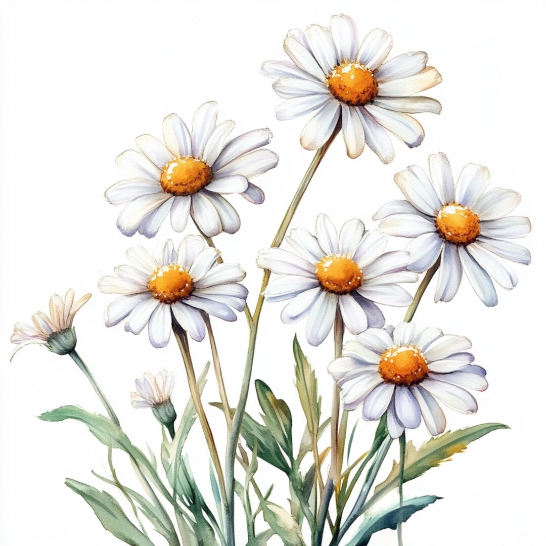10 Printable White Daisies Flowers, Watercolor Daisy, Botanical Daisies ...