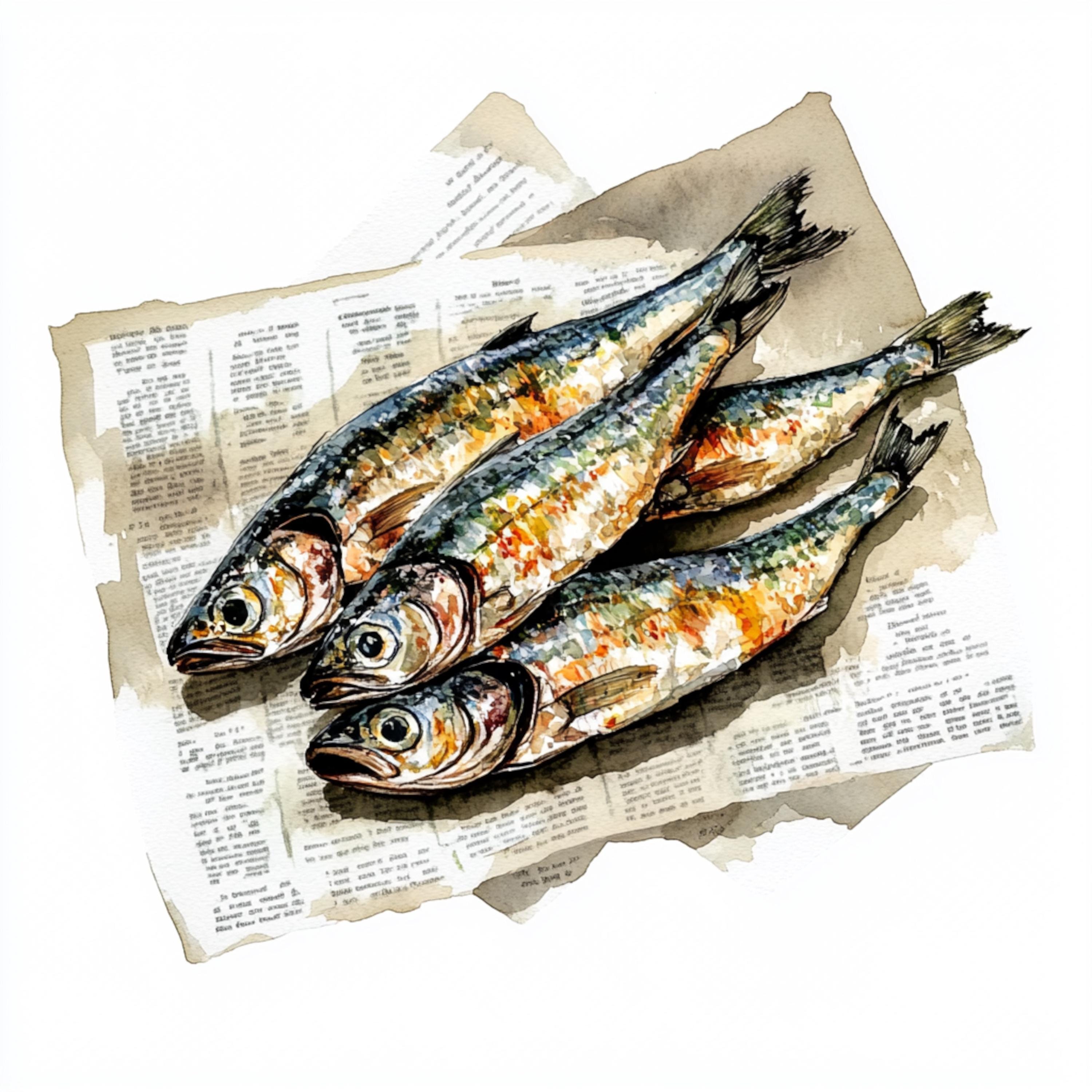 Printable Sardines Art, Watercolor Fish on Newspaper, Sea Food Decor ...