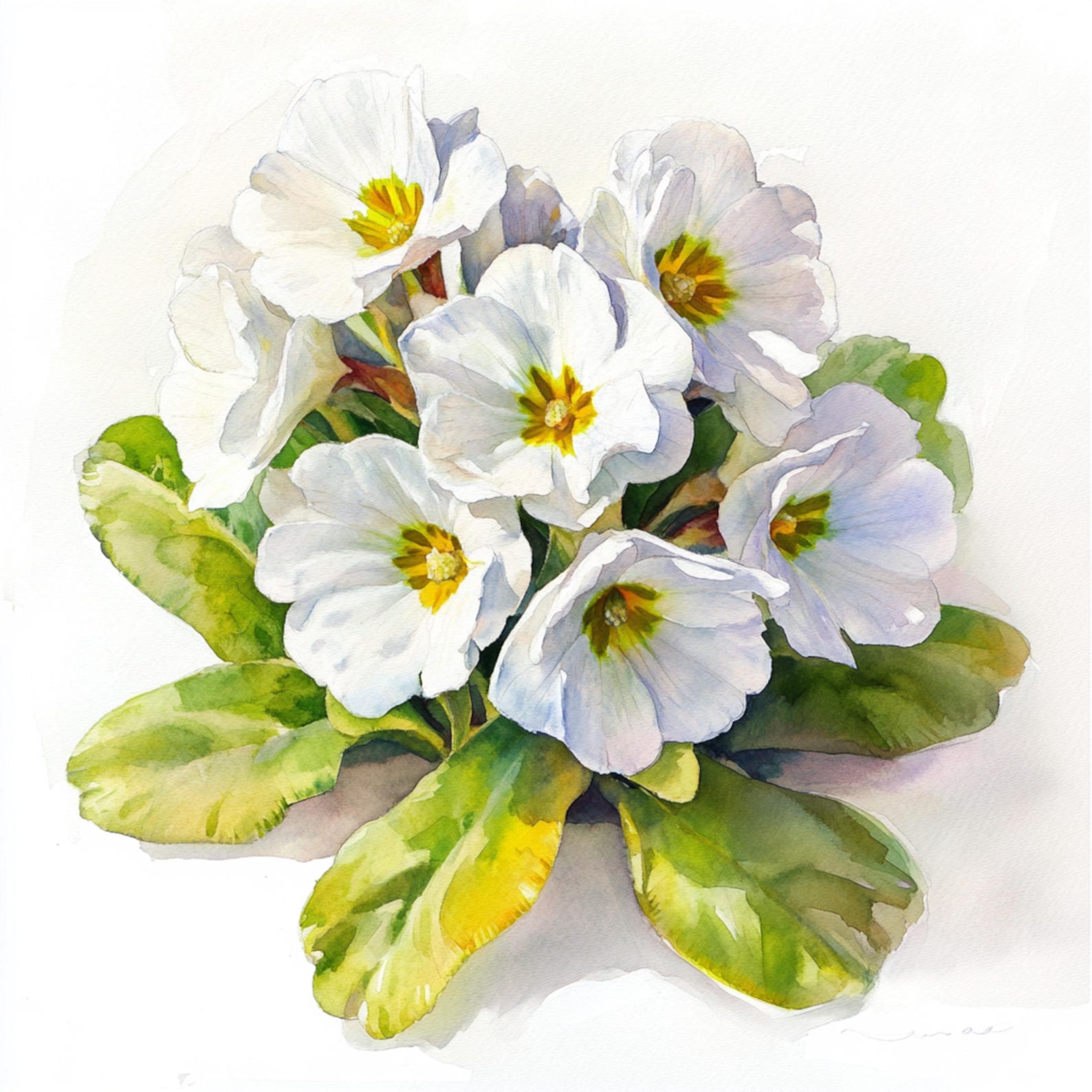 Printable White Primula Art, Watercolor Images, Primrose Botanical Art ...