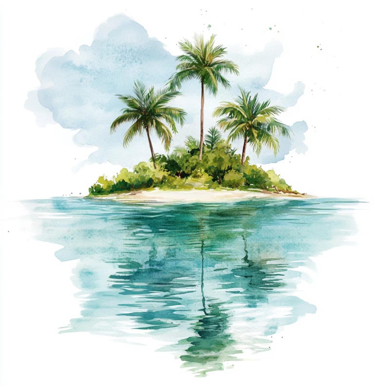 Printable Tropical Island, Watercolor Art, Island Coast Print, 10 Clip ...