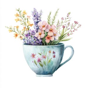 10 Printable Cup With Spring Flower, Watercolor Spring Bouquet, Spring ...