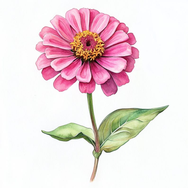 10 Printable Zinnia Flower, Pink Flower, Zinnia Gift Art, Watercolor ...