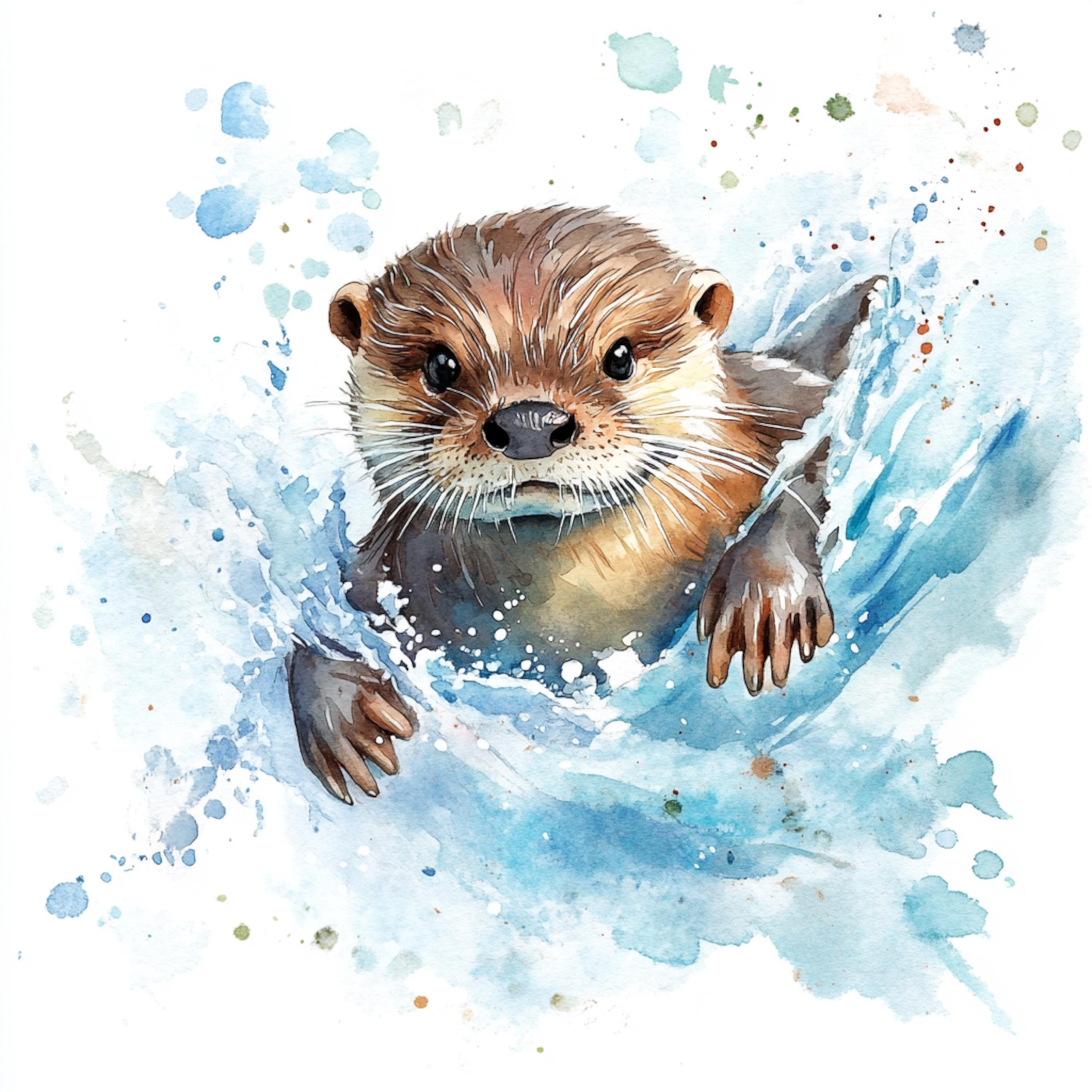 10 Printable Little Otter, Watercolor Swimming Otter, Cute Wild Animal ...