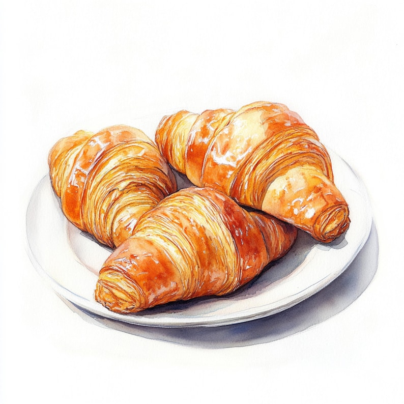 Printable Croissant Art, Watercolor Images, Croissants on Plate ...