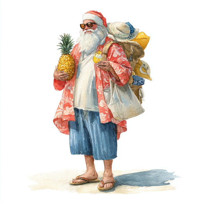 12 Printable Beachy Christmas, Watercolor Tropical Santa Claus, Coastal ...