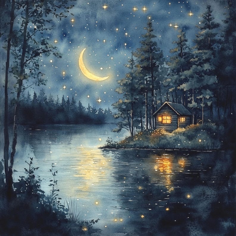 10 Printable Peacefull Night Art, Lake House Painting, Cozy Home Decor ...