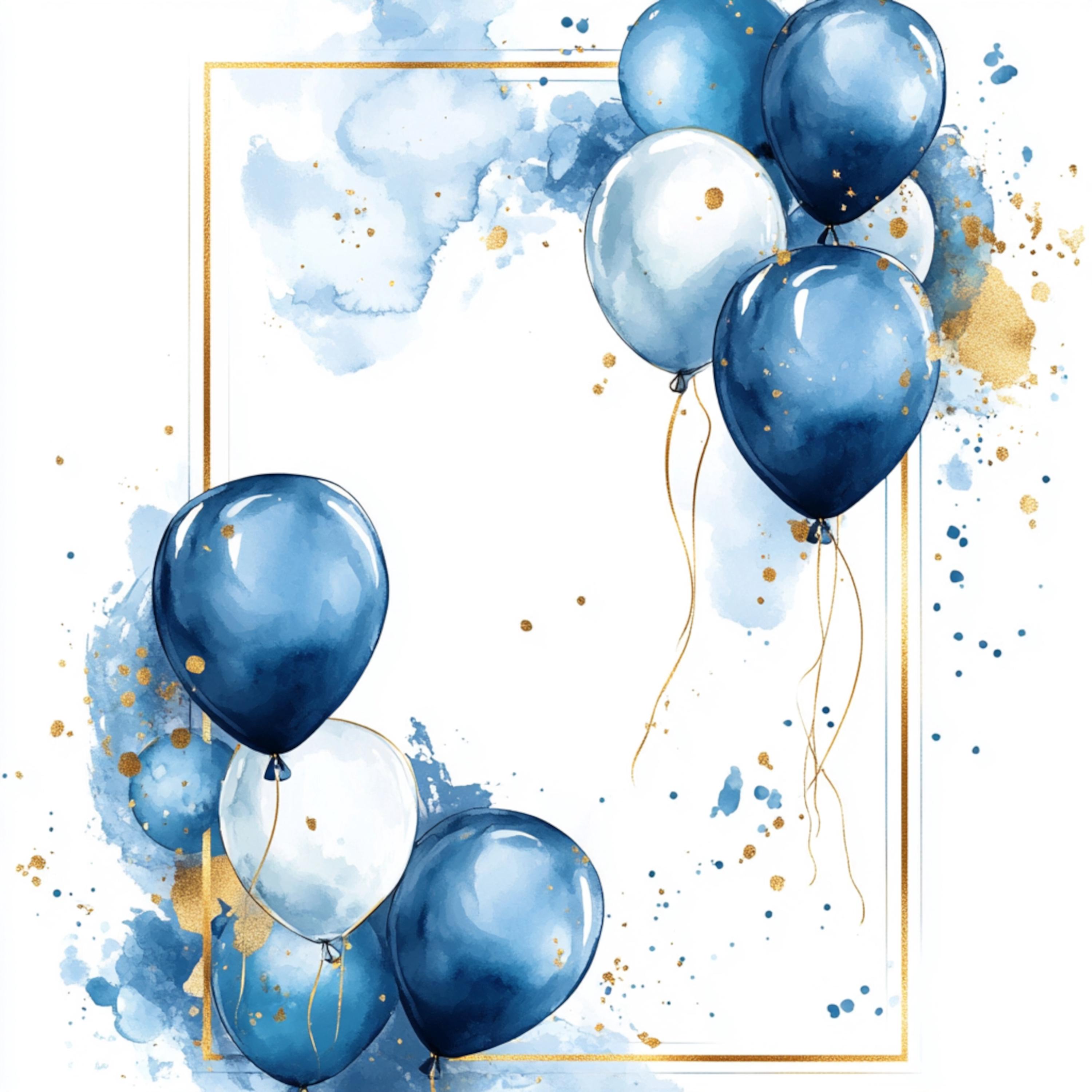 10 Printable Blue White Balloons Frame, Watercolor Party Ballons, Blue ...