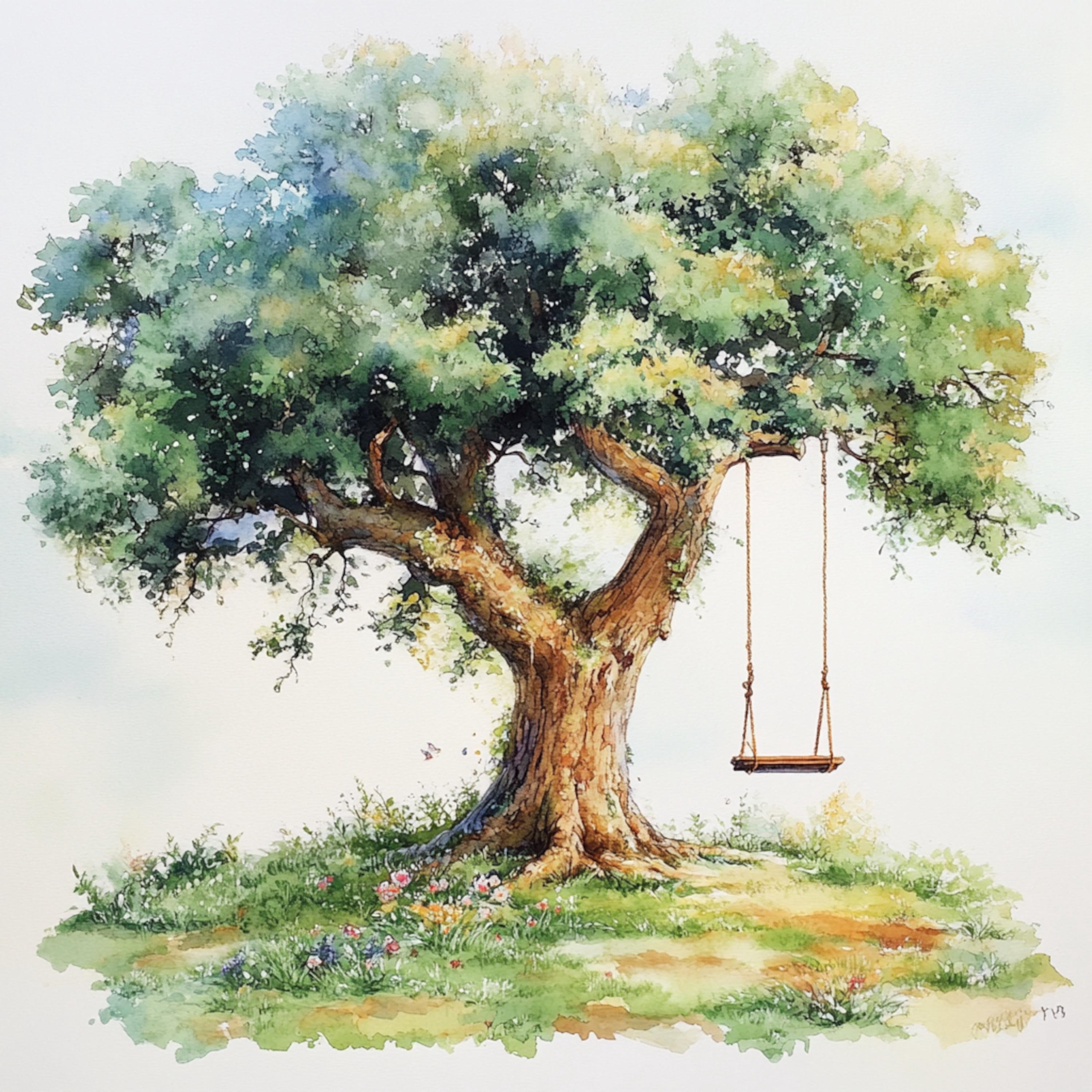 10 Printable Oak Tree and Swing, Watercolor Swing, Romantic Swing Art ...