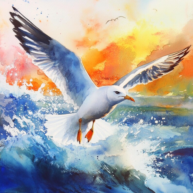 10 Printable Seagull Clipart, Seagull and Sea, Watercolor Seagull ...