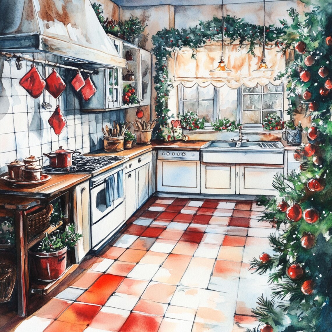 Printable Christmas Kitchen, Watercolor Art, Christmas Decor, 10 Clip ...