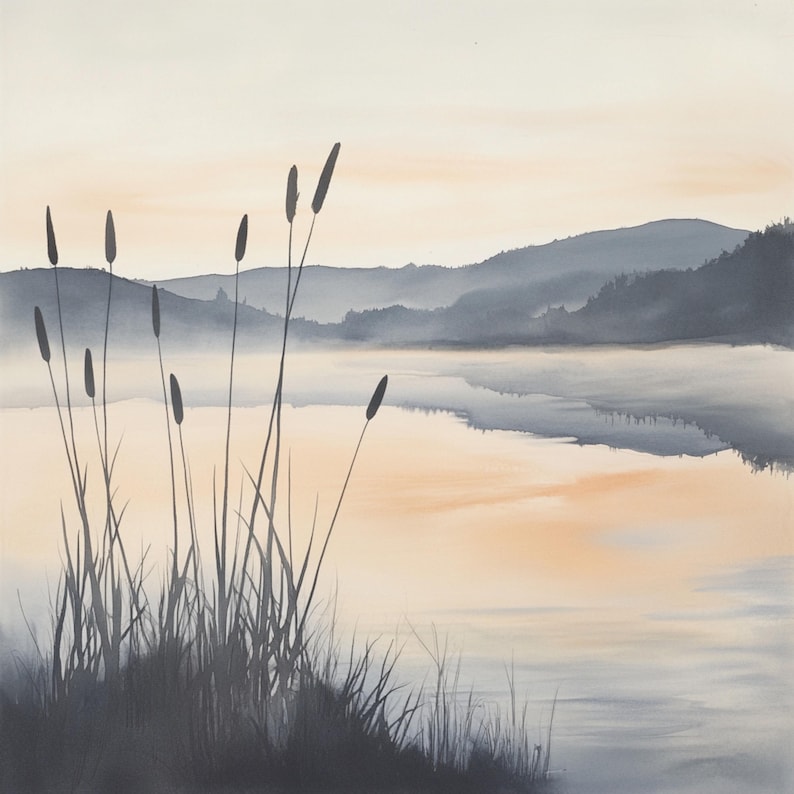 10 Printable Lake Landscape, Minimalist Landscape, Foggy Lake ...