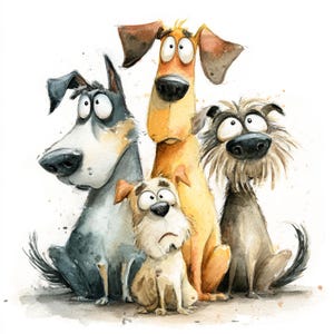 14 Printable Whimsical Dogs, Watercolor Funny Dogs, Family Dogs, Quaint ...