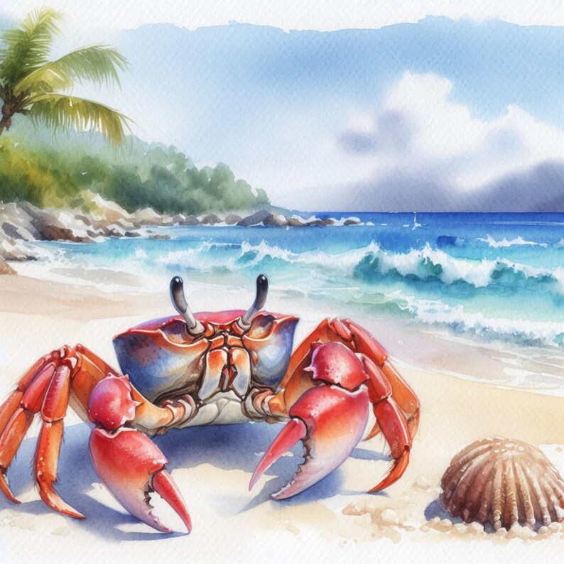 10 Printable Crab on Beach, Crab Watercolor, Nautical Clip Art ...