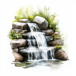 10 Printable Waterfall, Watercolor Waterfall, Garden Waterfall, Rustic ...