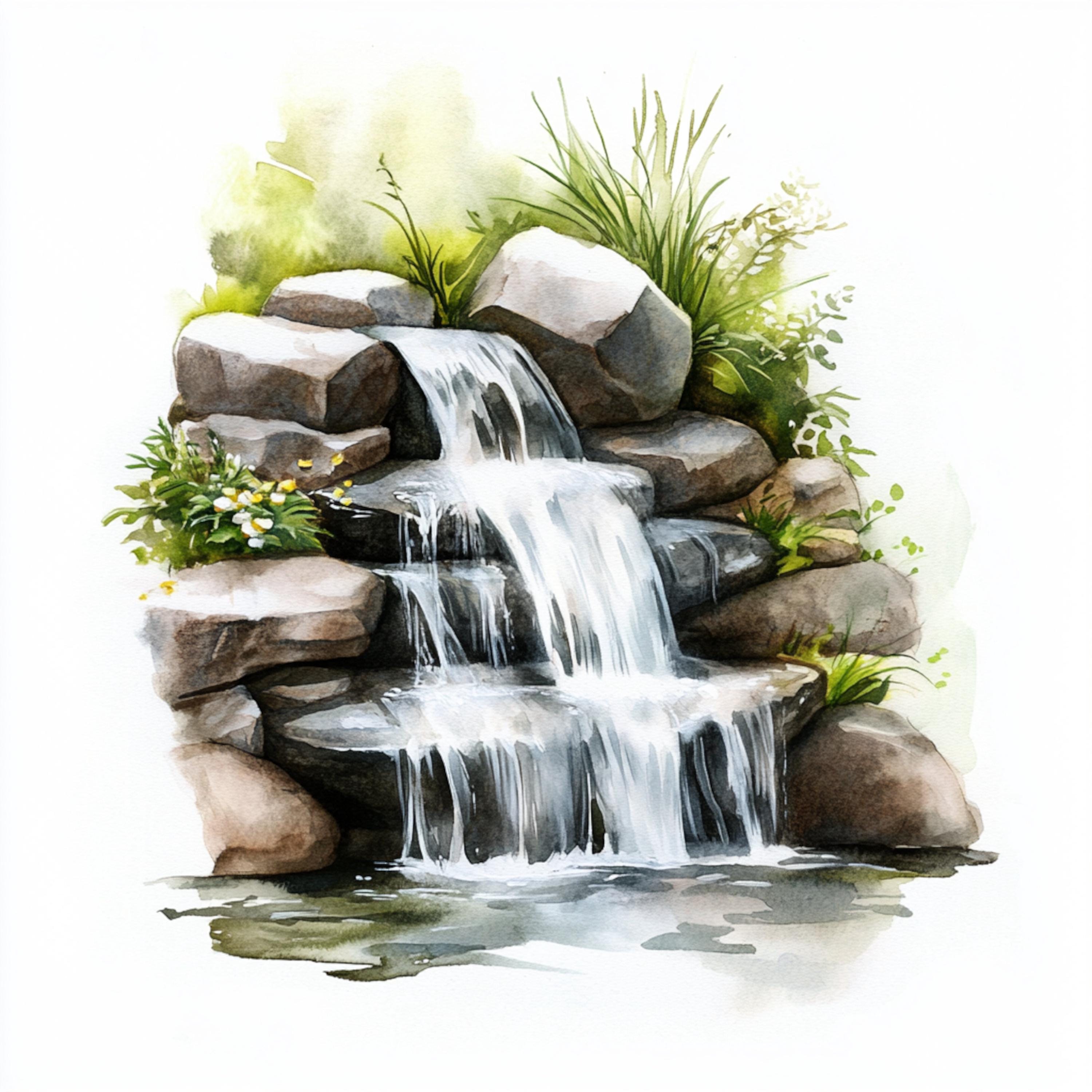 10 Printable Waterfall, Watercolor Waterfall, Garden Waterfall, Rustic ...