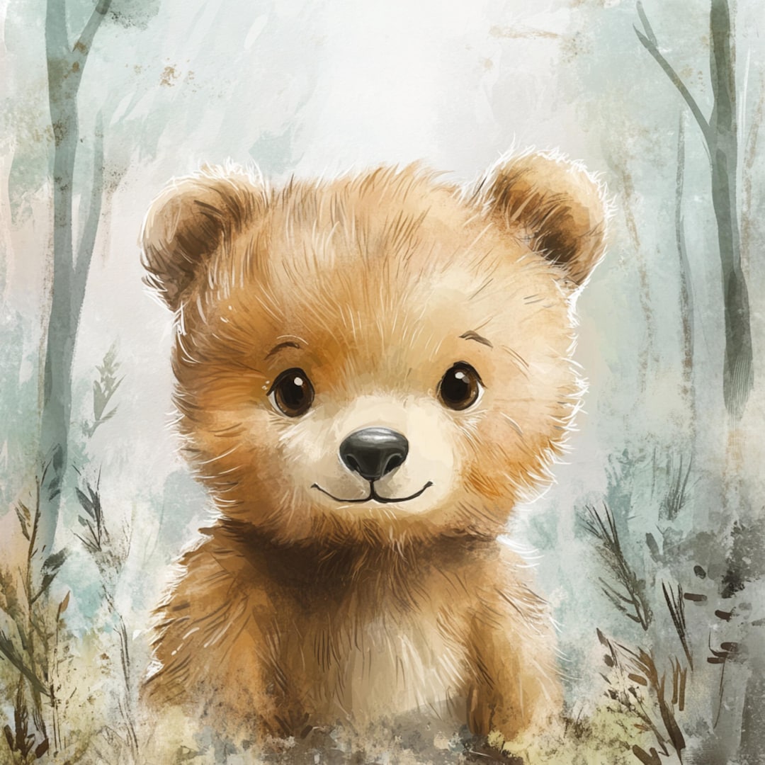 10 Printable Little Bear, Watercolor Baby Bear, Cute Bearin Forest ...
